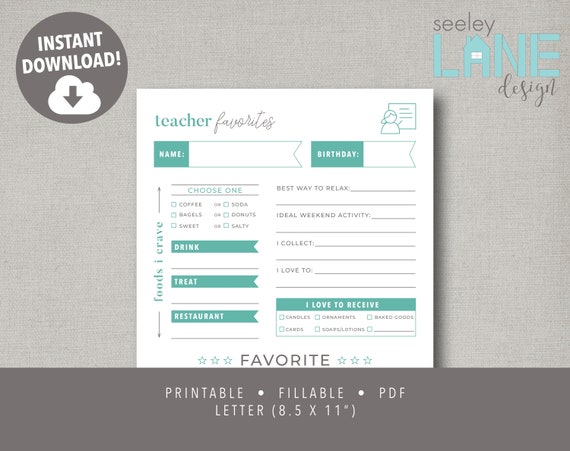 Teacher Favorites Form Printable & Editable Instant Download - Etsy