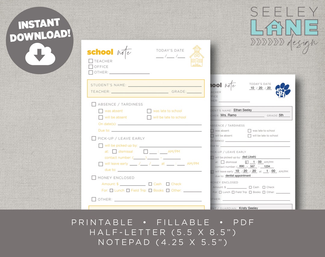 School or Teacher Note Excuse or Absence Form, Printable, Fillable ...