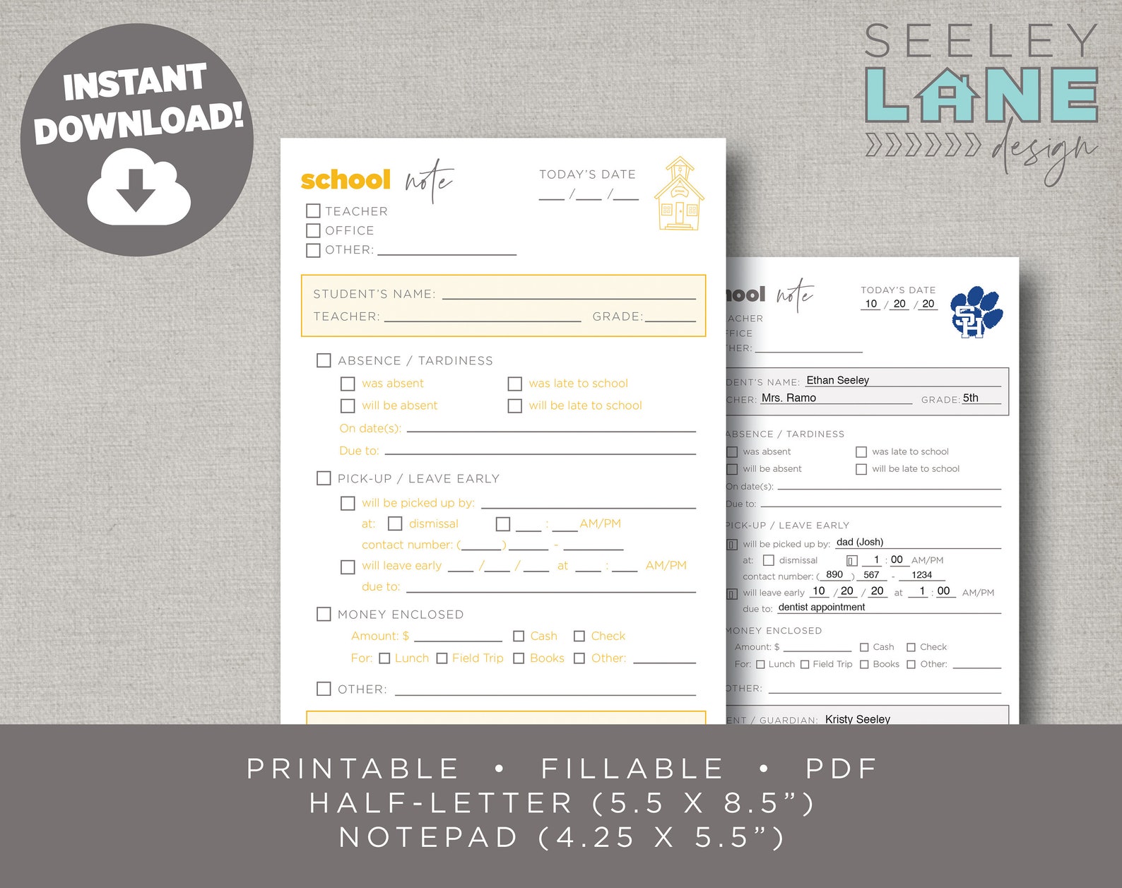 School or Teacher Note Excuse or Absence Form, Printable, Fillable ...
