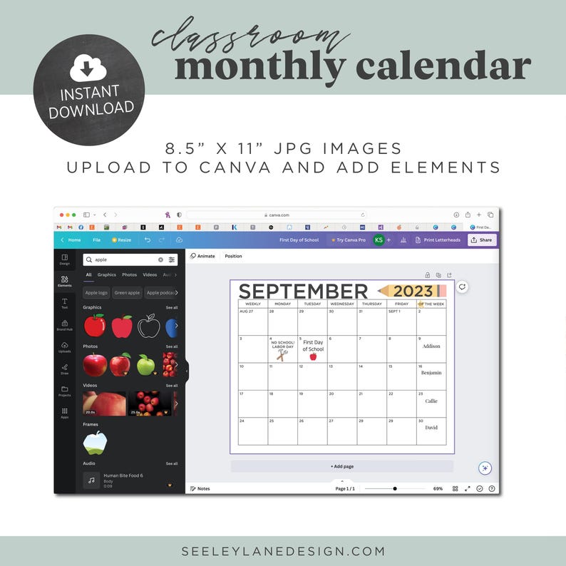 Printable, Editable Monthly Classroom Calendar, PDF Template and JPG ...