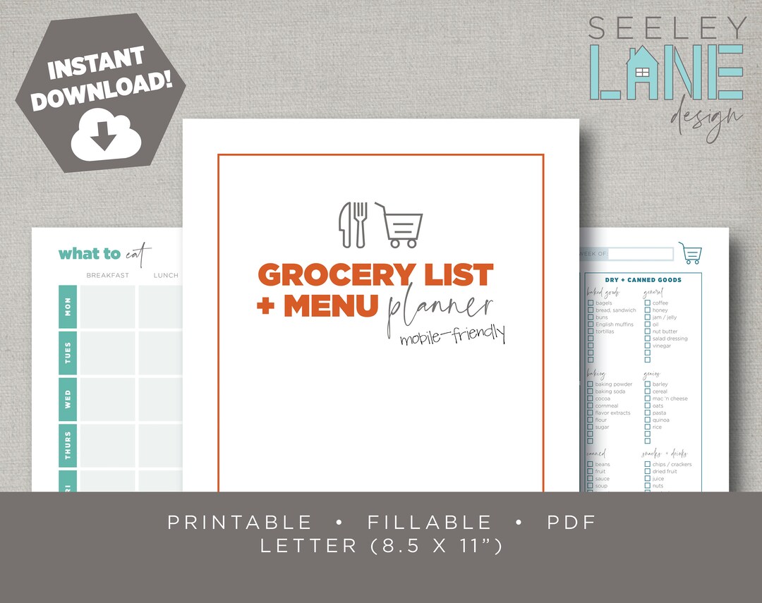Grocery List Digital Template and Menu or Meal Planner, Mobile-friendly ...