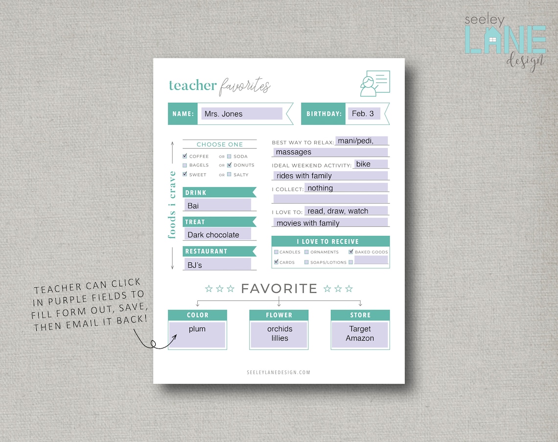 Teacher Favorites Form Printable & Editable Instant Download - Etsy