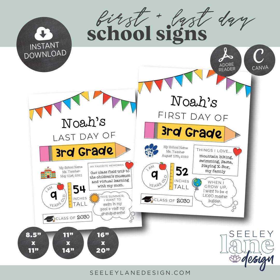 First and Last Day of School Sign With Flags, Printable, Editable PDF ...
