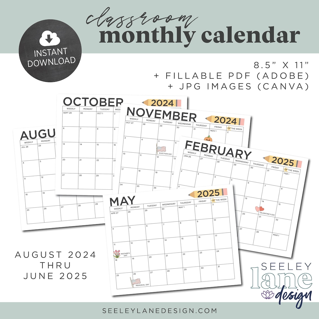 Printable, Editable Monthly Classroom Calendar, PDF Template and JPG ...