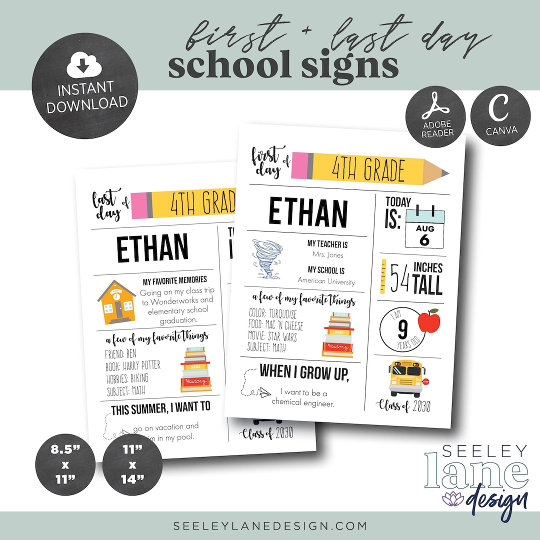 First and Last Day of School Sign PDF, JPG Templates With Child Details ...