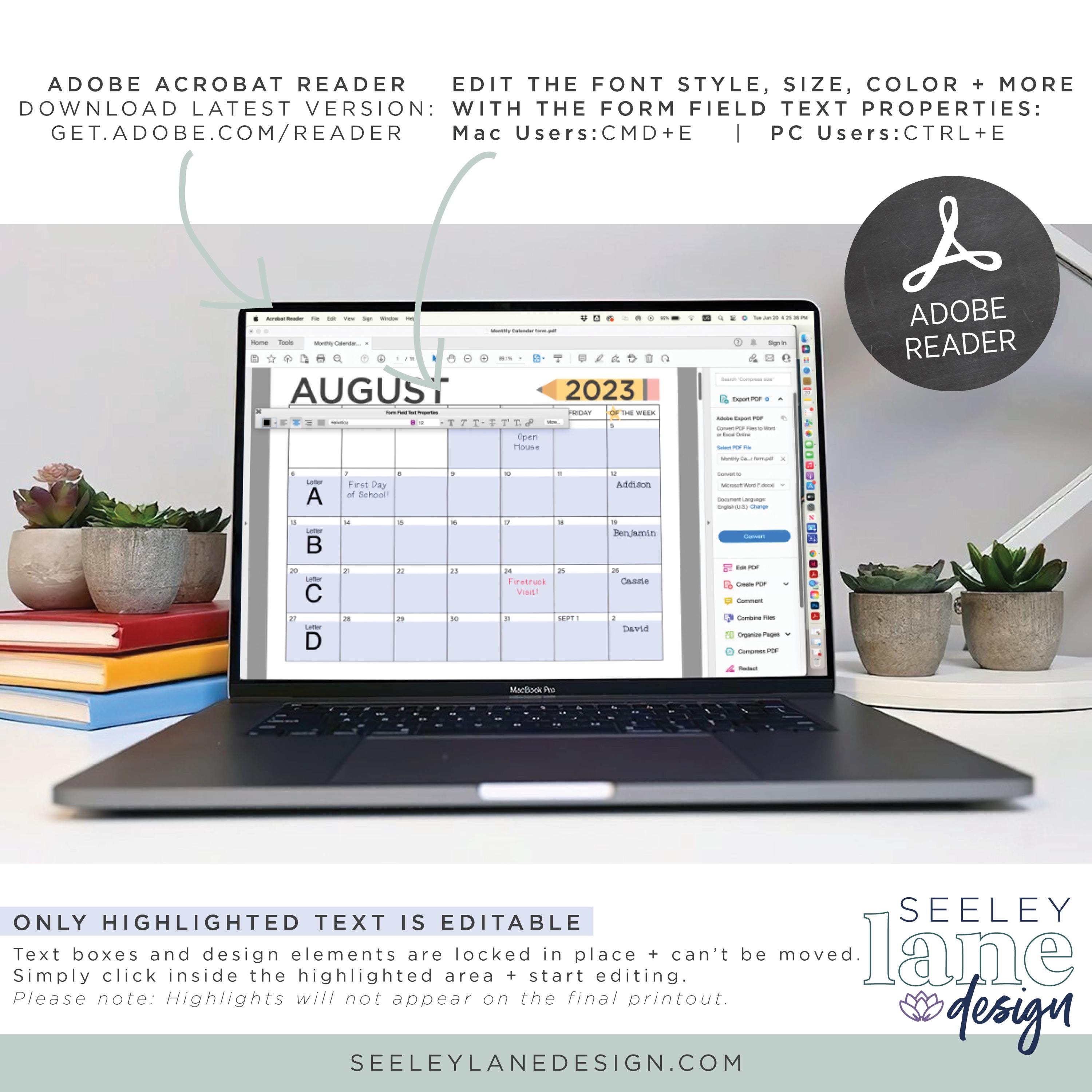 Printable, Editable Monthly Classroom Calendar, PDF Template and JPG ...
