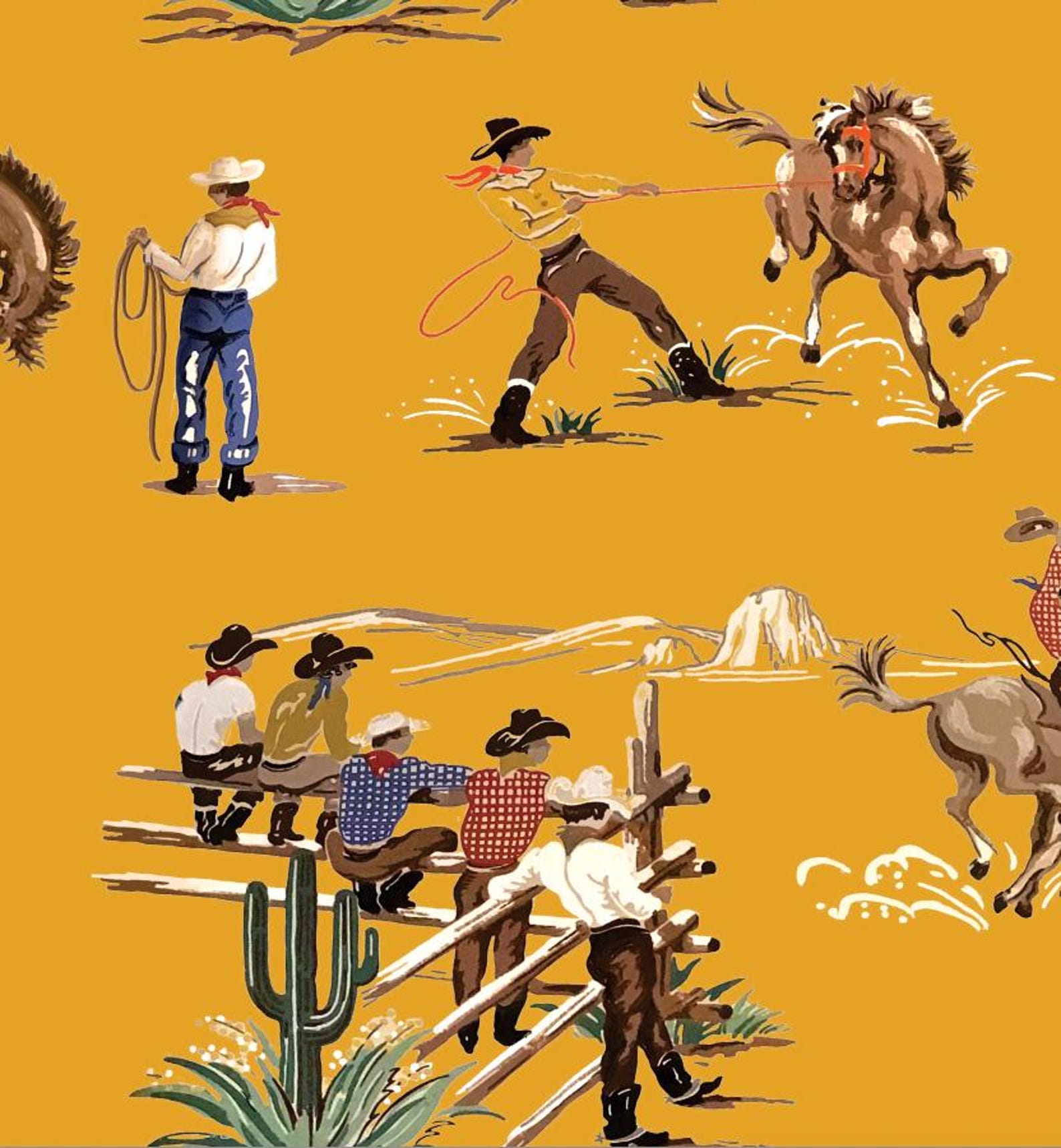 The Original Yeeha 1950's Cowboy Wallpaper - Mustard - Etsy