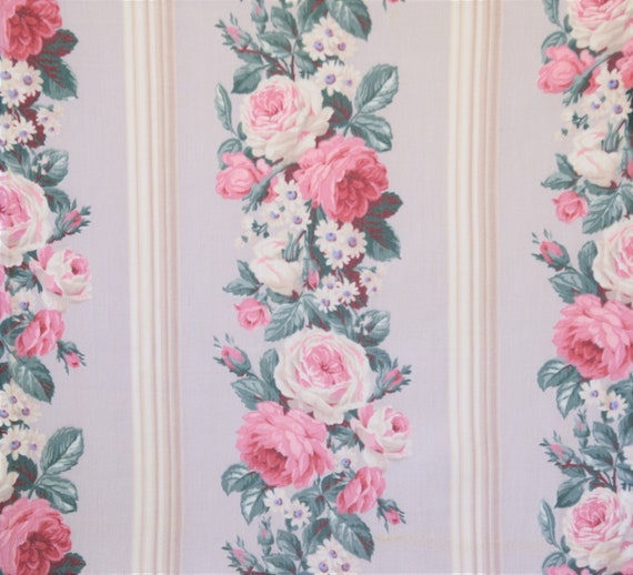Vintage Fabric 1930 1940 Cabbage Roses & Stripes - Etsy