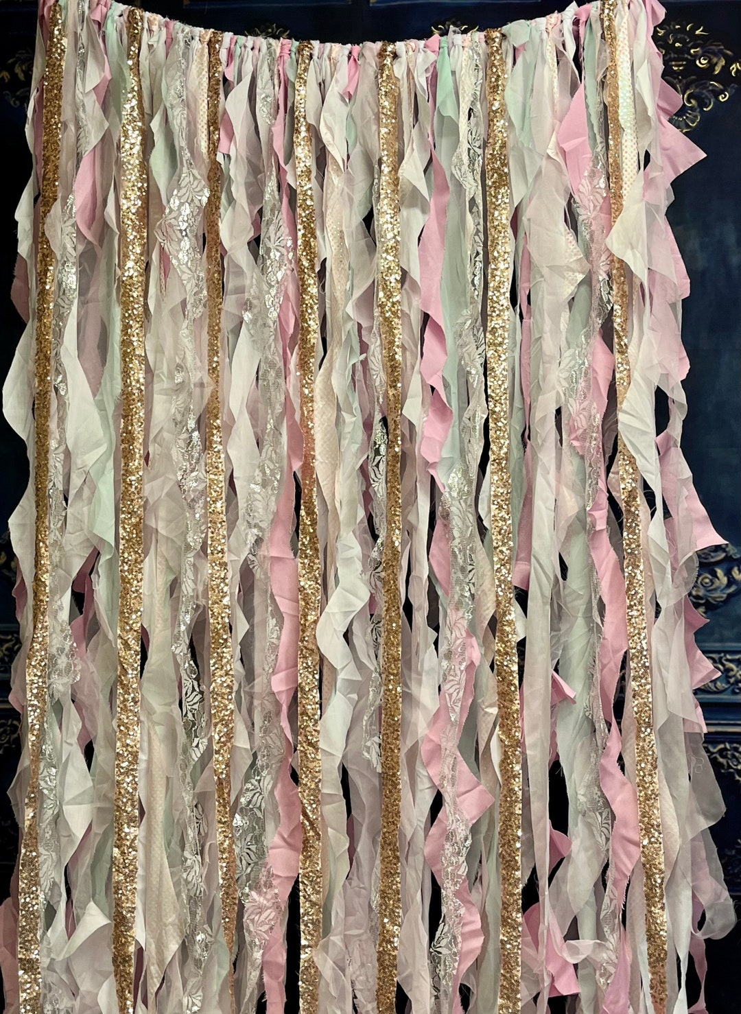 Shabby Curly Sparkly Garland. Pink, White, Gold Ribbon Garland ...