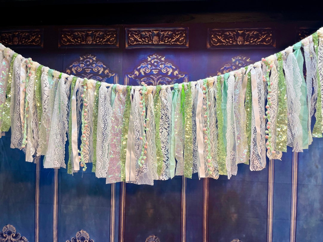 Sparkly Green Rag Tie Backdrop,ribbons, Cotton, Lace Cottage Chic Event ...