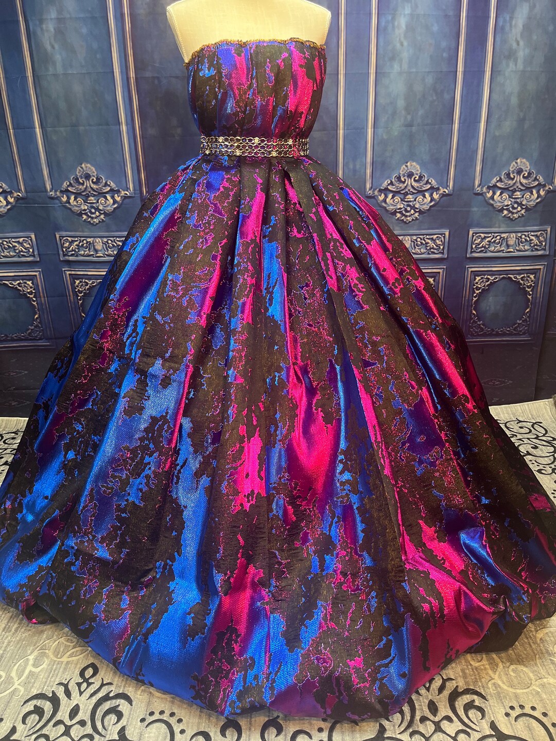 Holographic Double Sided Brocade Fabric. Neon Magenta Blue Jacquard ...