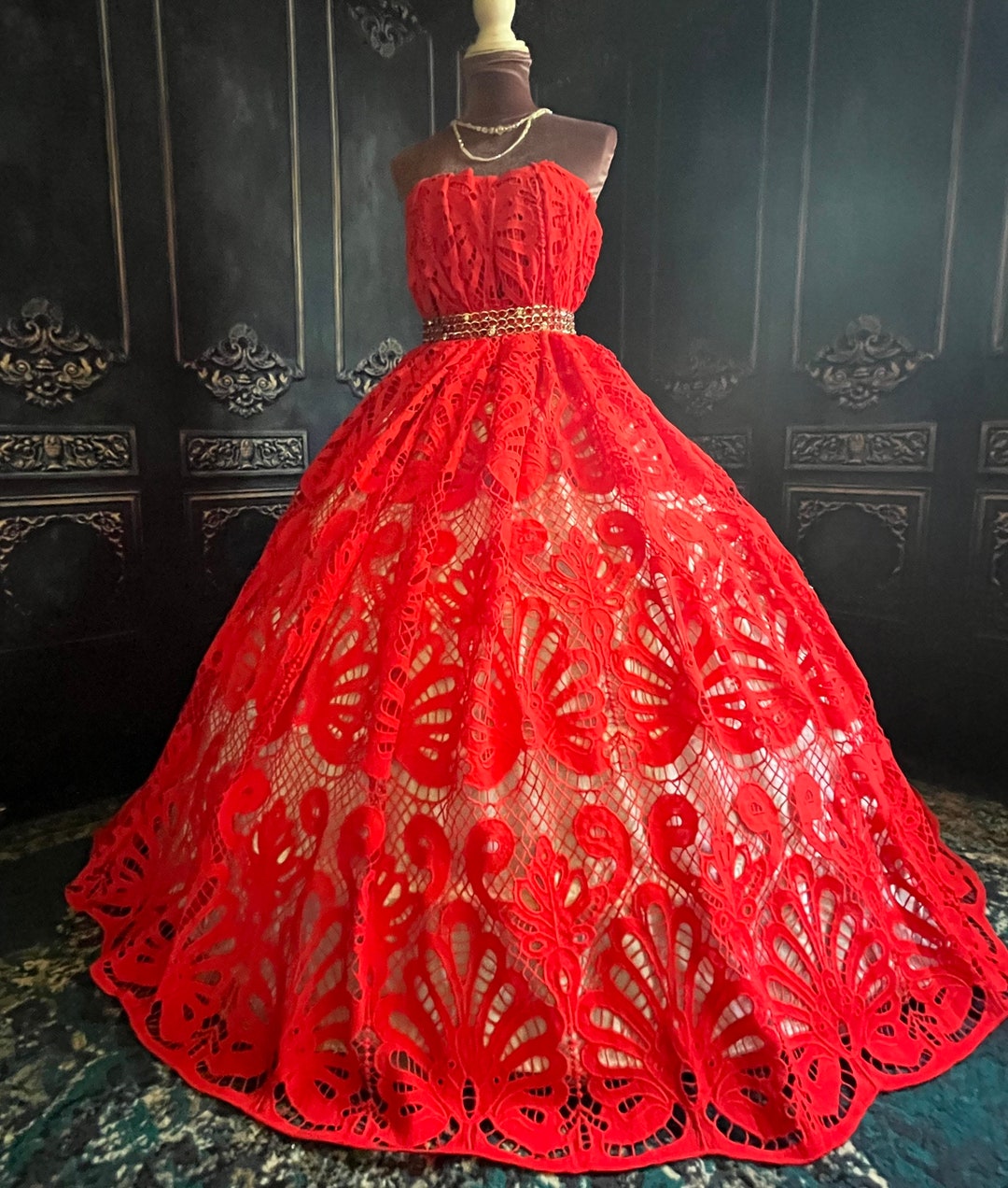 Red Embroidered Crochet Wedding Lace, Scalloped Edges, Rhinestones ...