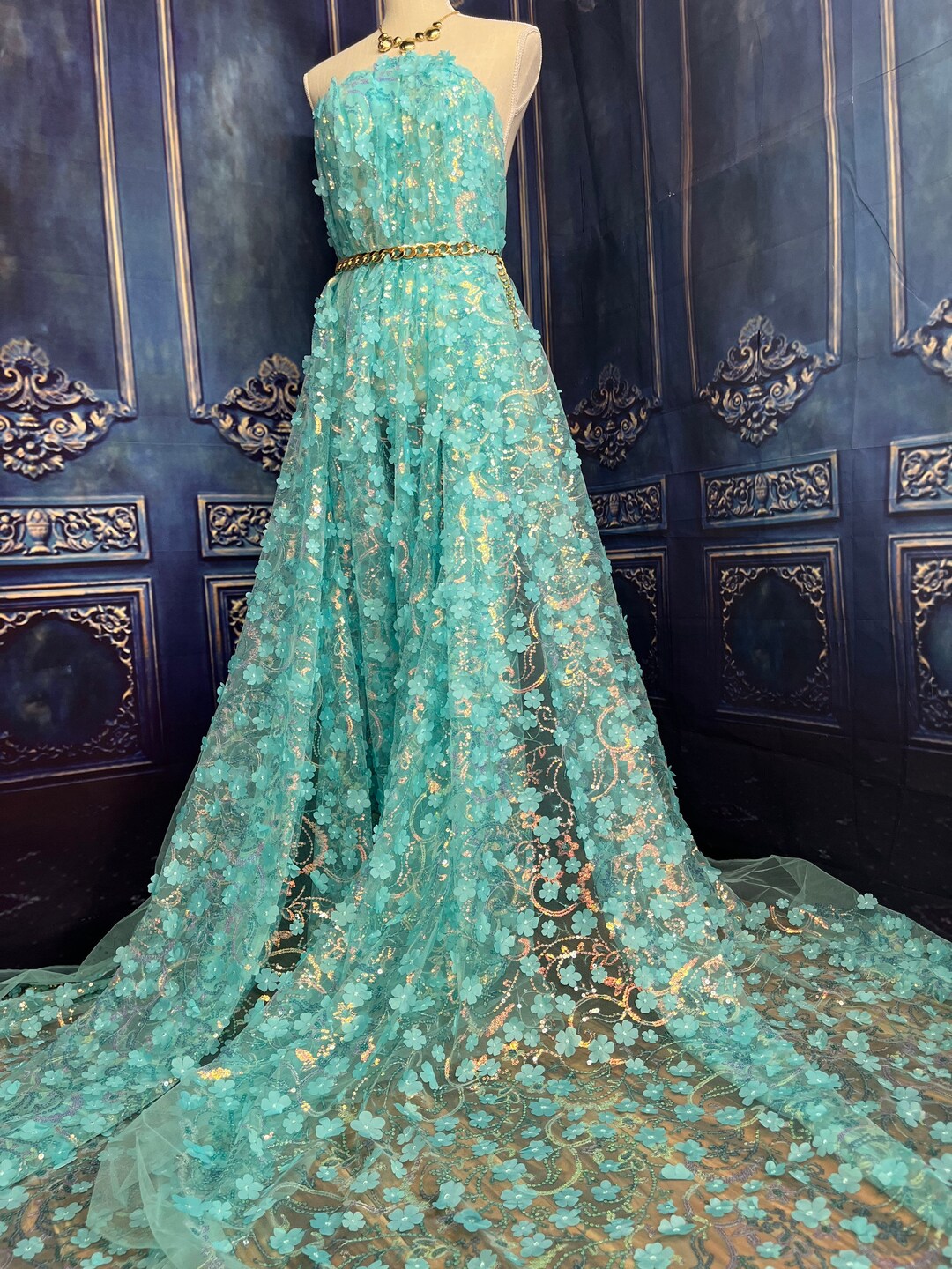 3 D Floral Sparkly Baby Blue Color Lace. Holographic Sequined Roses ...