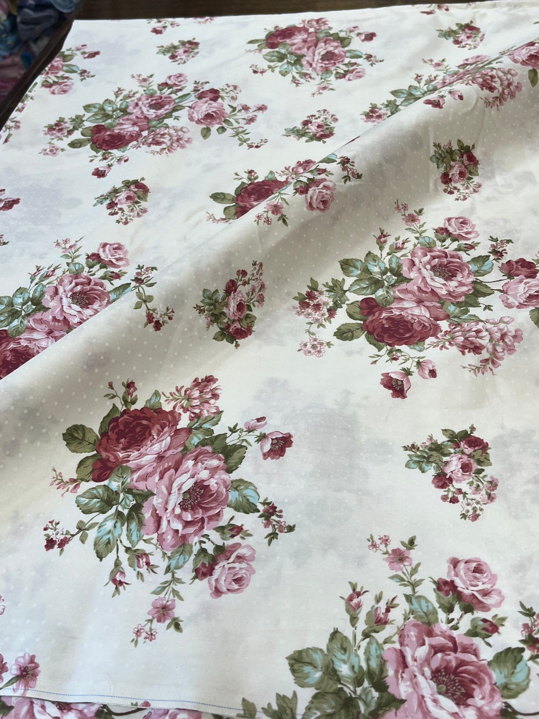 Shabby Chic Cottage Roses With Dots Cotton. Vintage Romantic French ...