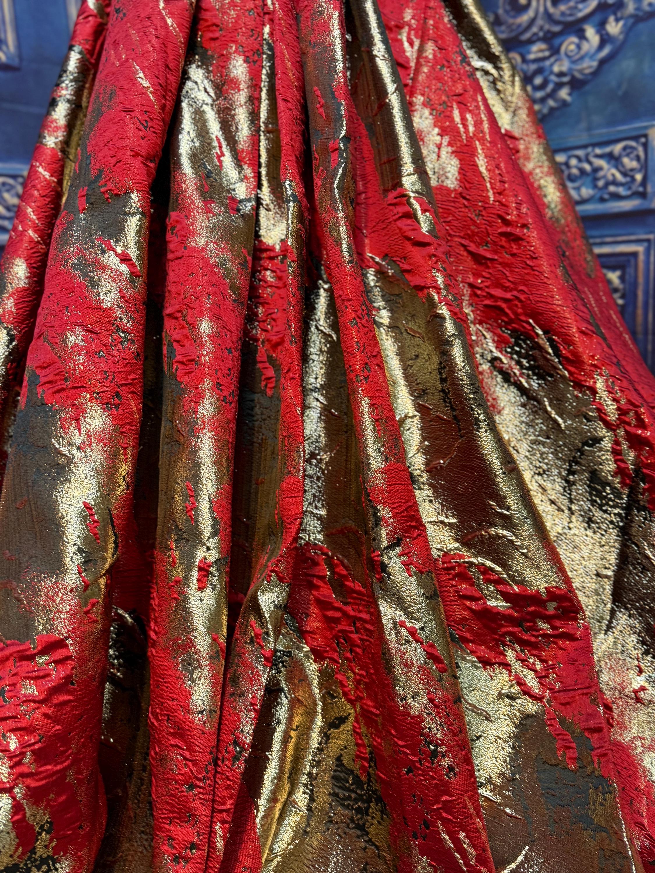 Holographic Brocade Fabric. Gold and Red Jacquard. Premium Quality ...