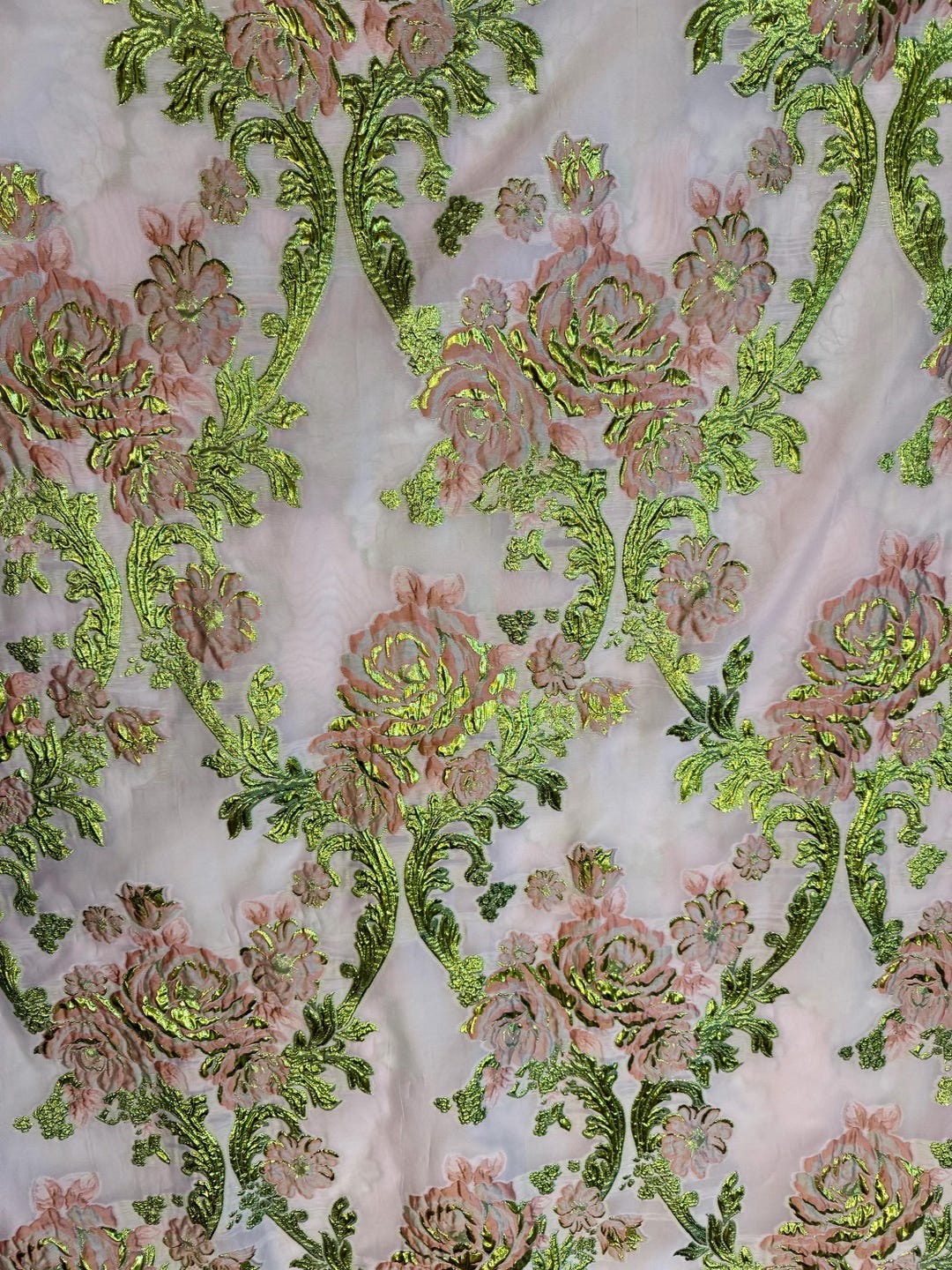 Gold Beige Green Floral Roses Brocade on Organza Lace Fabric. Fashion ...