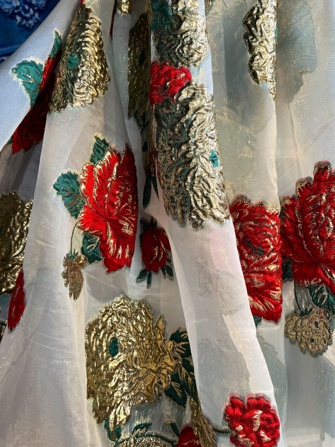 Gold and Red Roses Brocade on Organza Lace Fabric. Fashion Roses ...