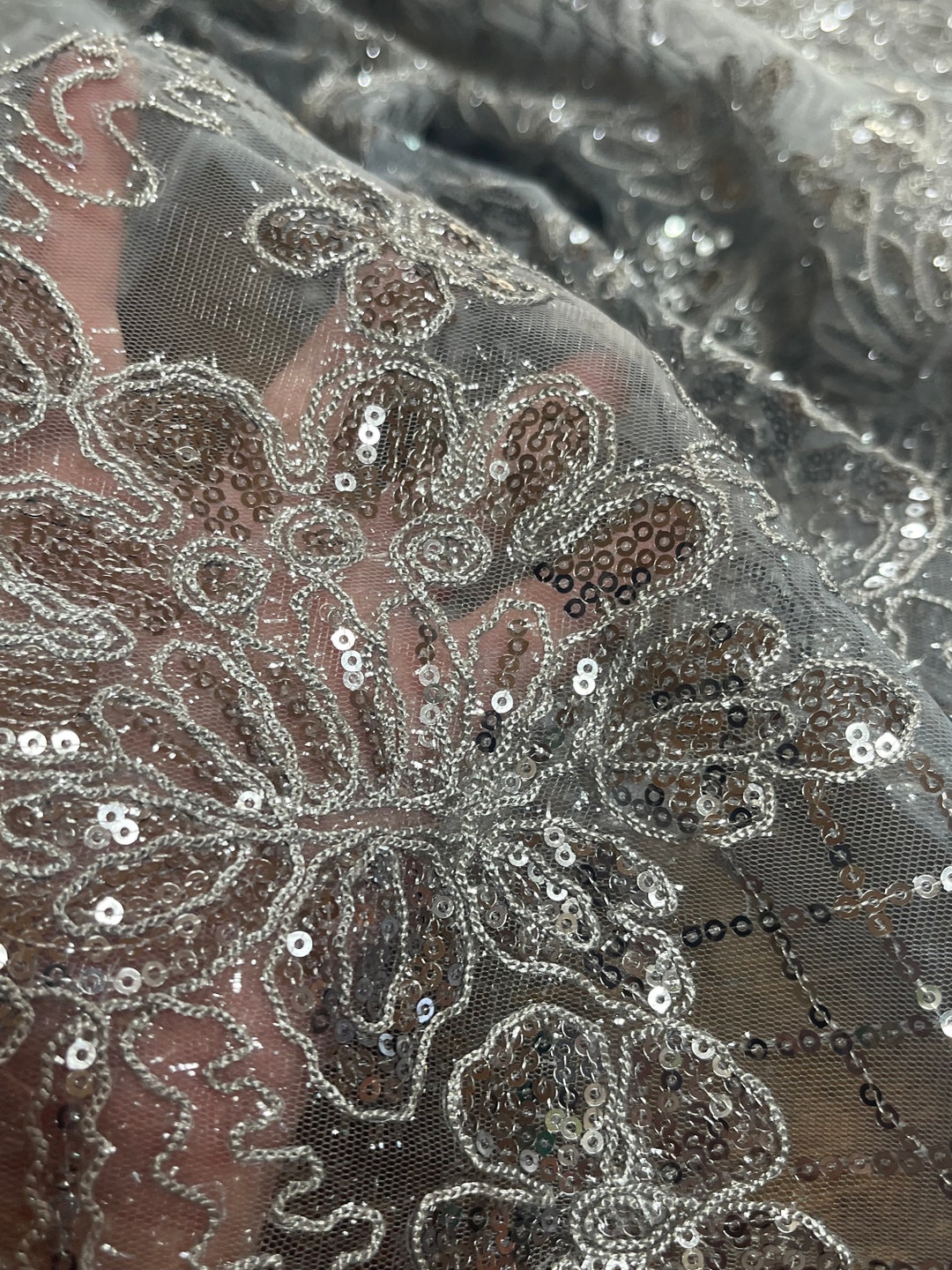 Sparkly Floral Wedding Lace. Embroidered Corded Grey Mesh Lace ...