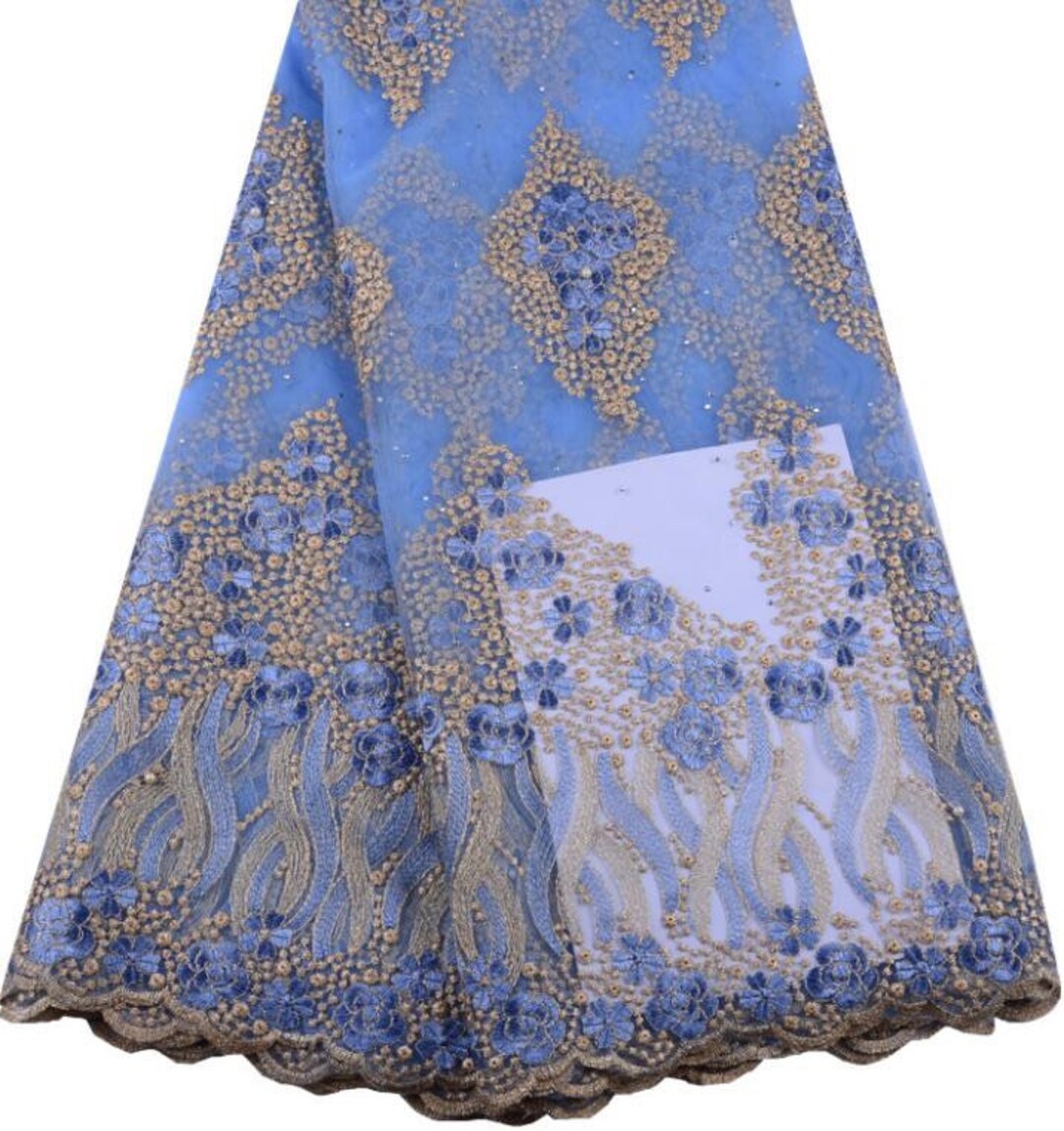 Embroidered Floral Blue Wedding Lace With Pearls and Rhinestone Beads ...