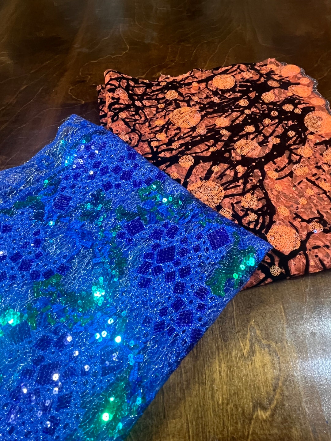 2 Big Pieces of Sparkly Lace. Unique Design, Orange/black /blue Sequins ...