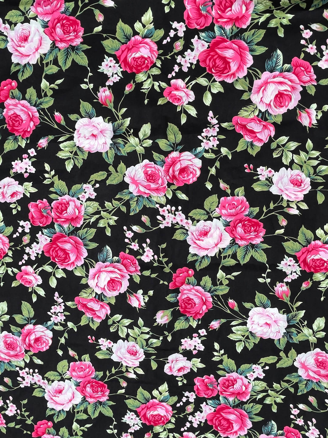 Vintage Red Roses Cotton Fabric. Tossed Pink and Red Roses on Black ...
