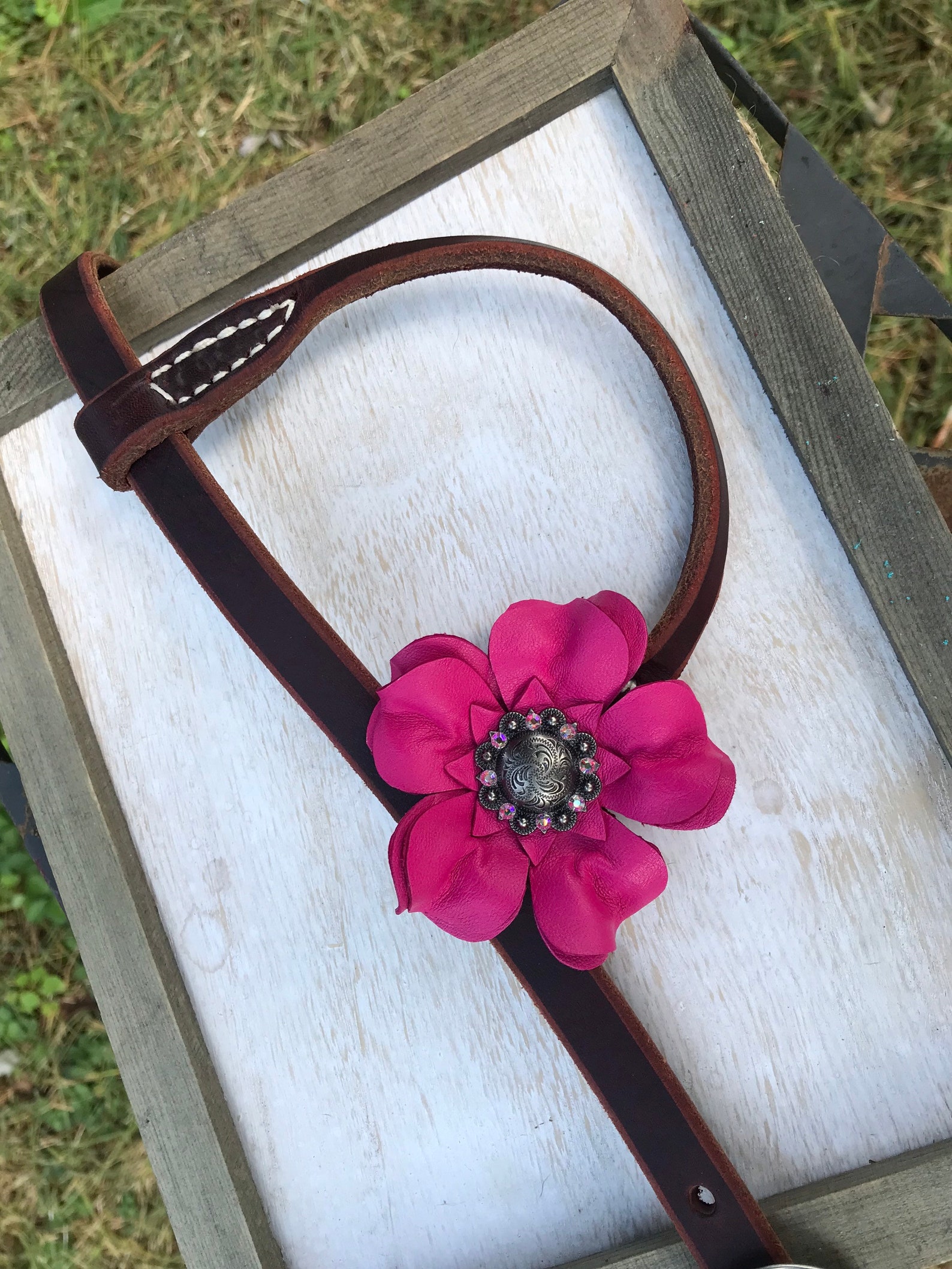 Pink Leather Flower Concho. Swarovski Crystal Bling Concho for - Etsy