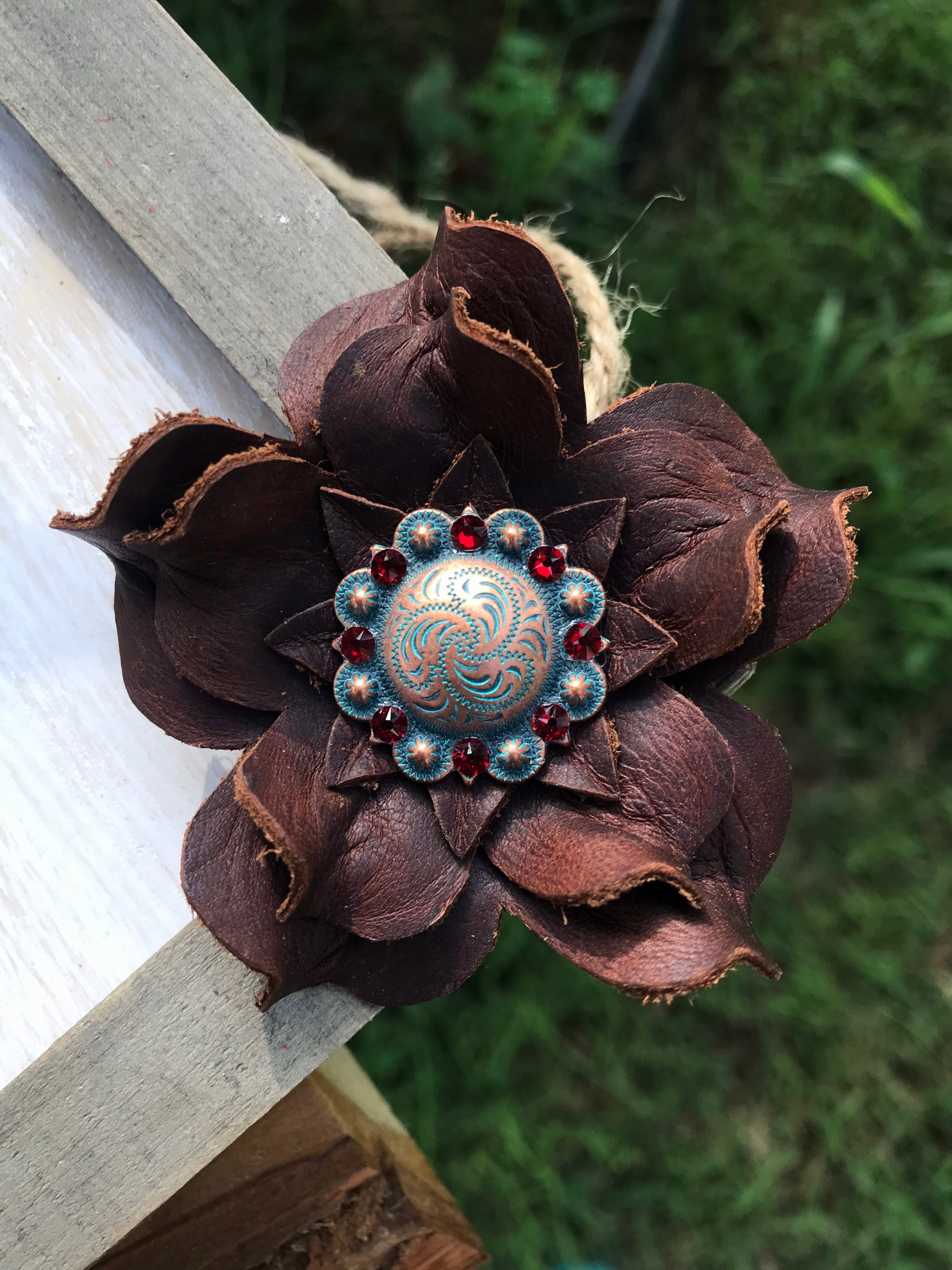 Oiled leather flower concho. Leather flower concho for saddle | Etsy