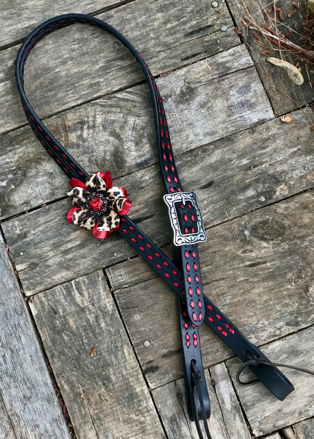 Black and Cheetah Leather Buckstitch Headstall. Black and Red ...