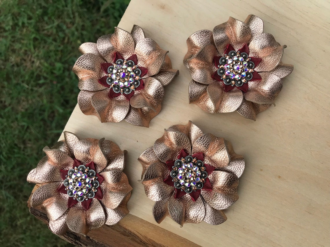Set of 4 Rose Gold Leather Flower Conchos for Saddle. Rose - Etsy