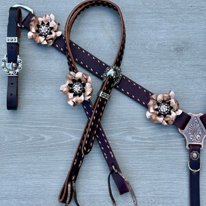 Chocolate Leather Rose Gold Buckstitch Tack Set With Leather Flower ...