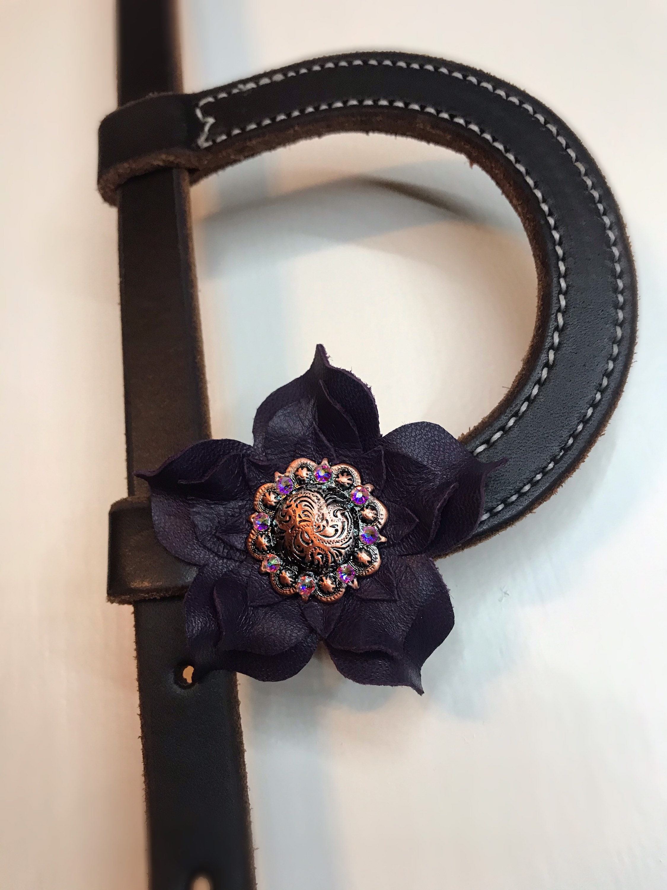 Plum leather flower concho. Dark purple concho Wine tack | Etsy