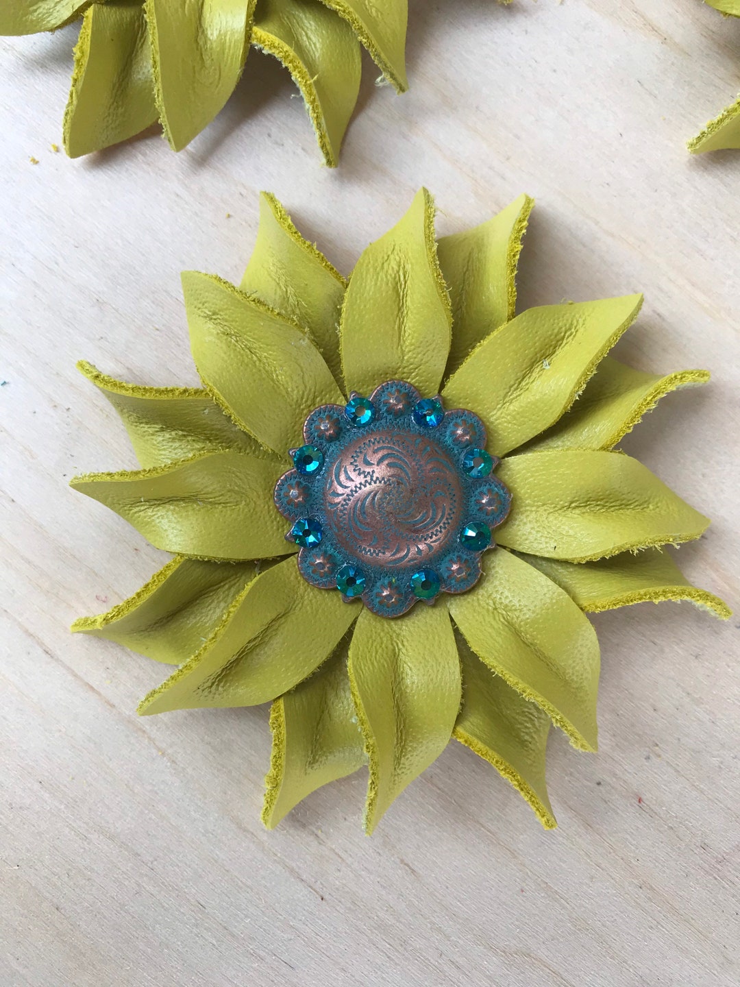 Sunflower Leather Flower Concho With Copper Patina Concho and Turquoise ...