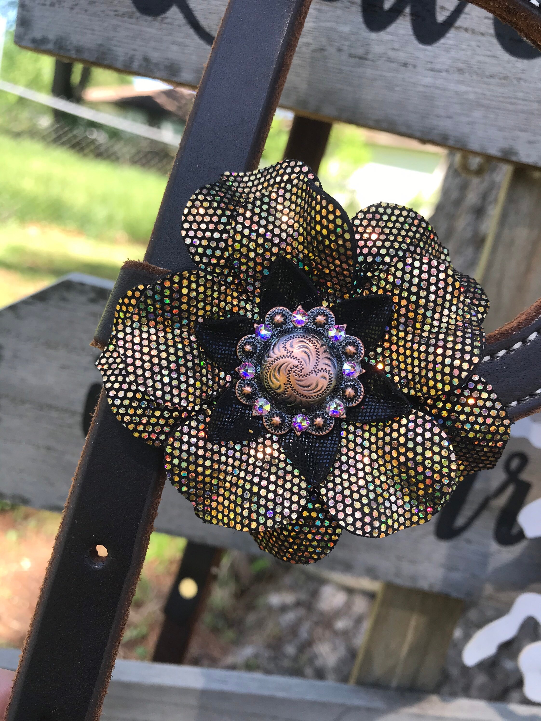 Gold Iridescent leather flower concho | Etsy