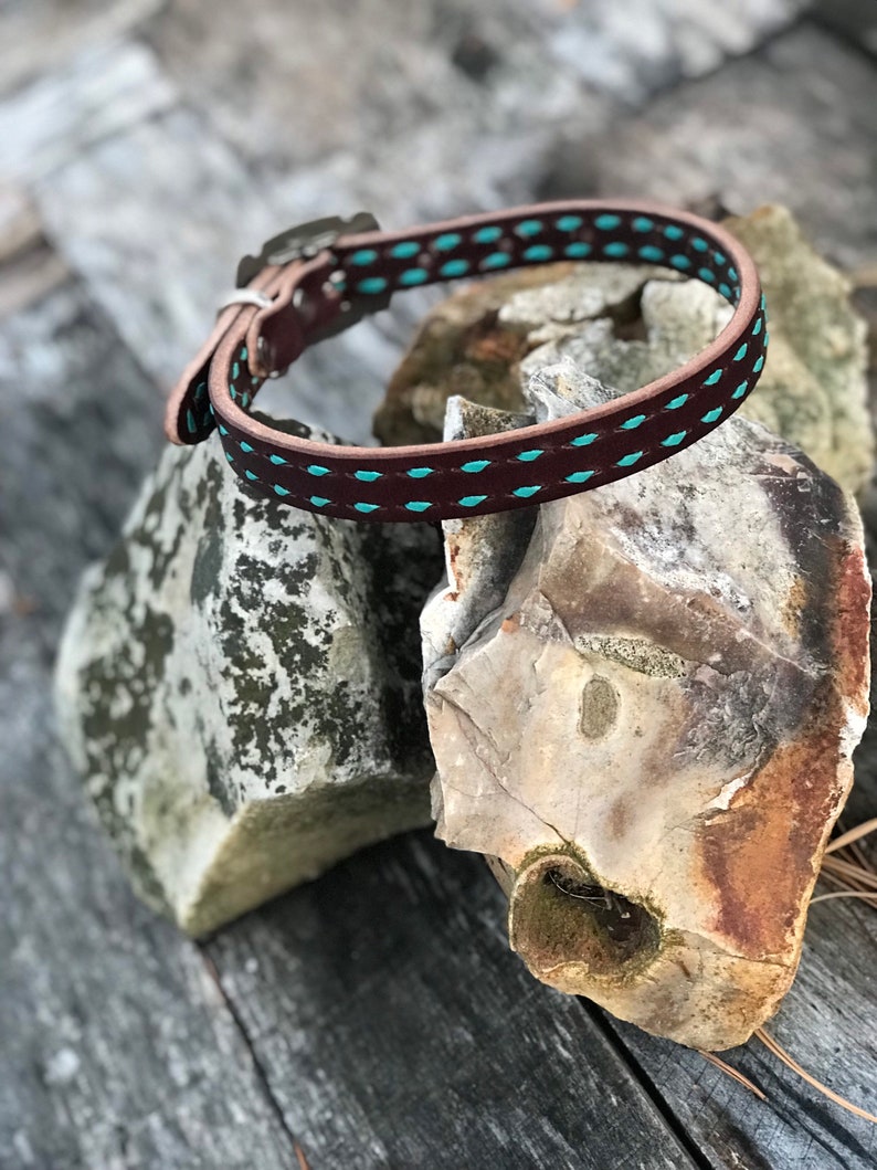 Chocolate Leather Buckstitch Dog Collar. Turquoise Buckstitch Dog ...
