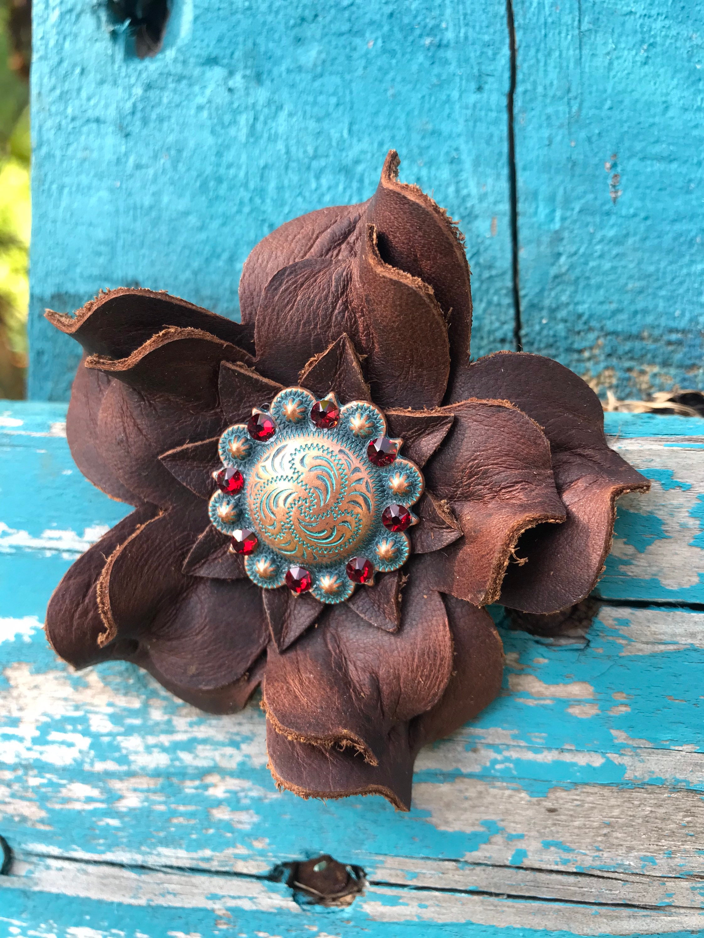 Oiled leather flower concho. Leather flower concho for saddle | Etsy