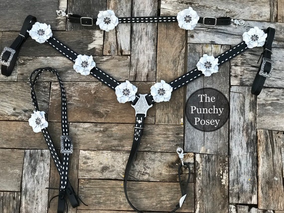 Black Leather Tack Set With White Leather Flower Conchos and - Etsy