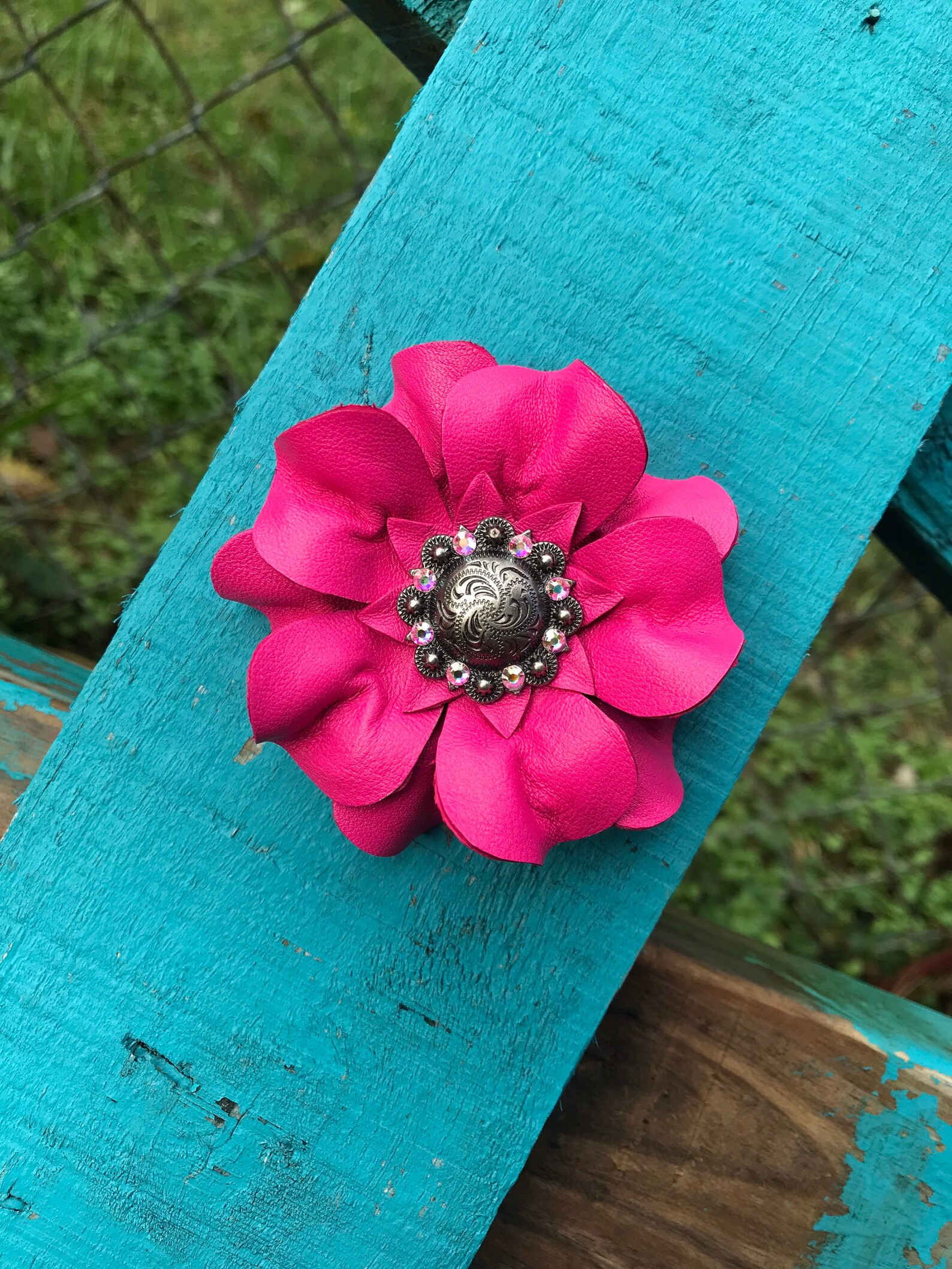 Pink Leather Flower Concho. Swarovski Crystal Bling Concho for | Etsy