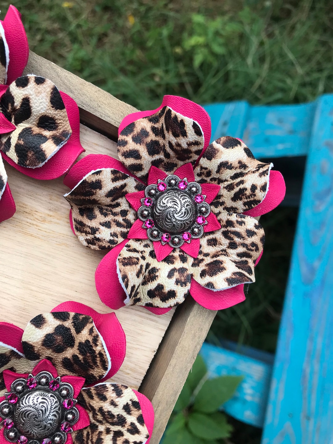 Pink and Cheetah Leather Flower Concho - Etsy
