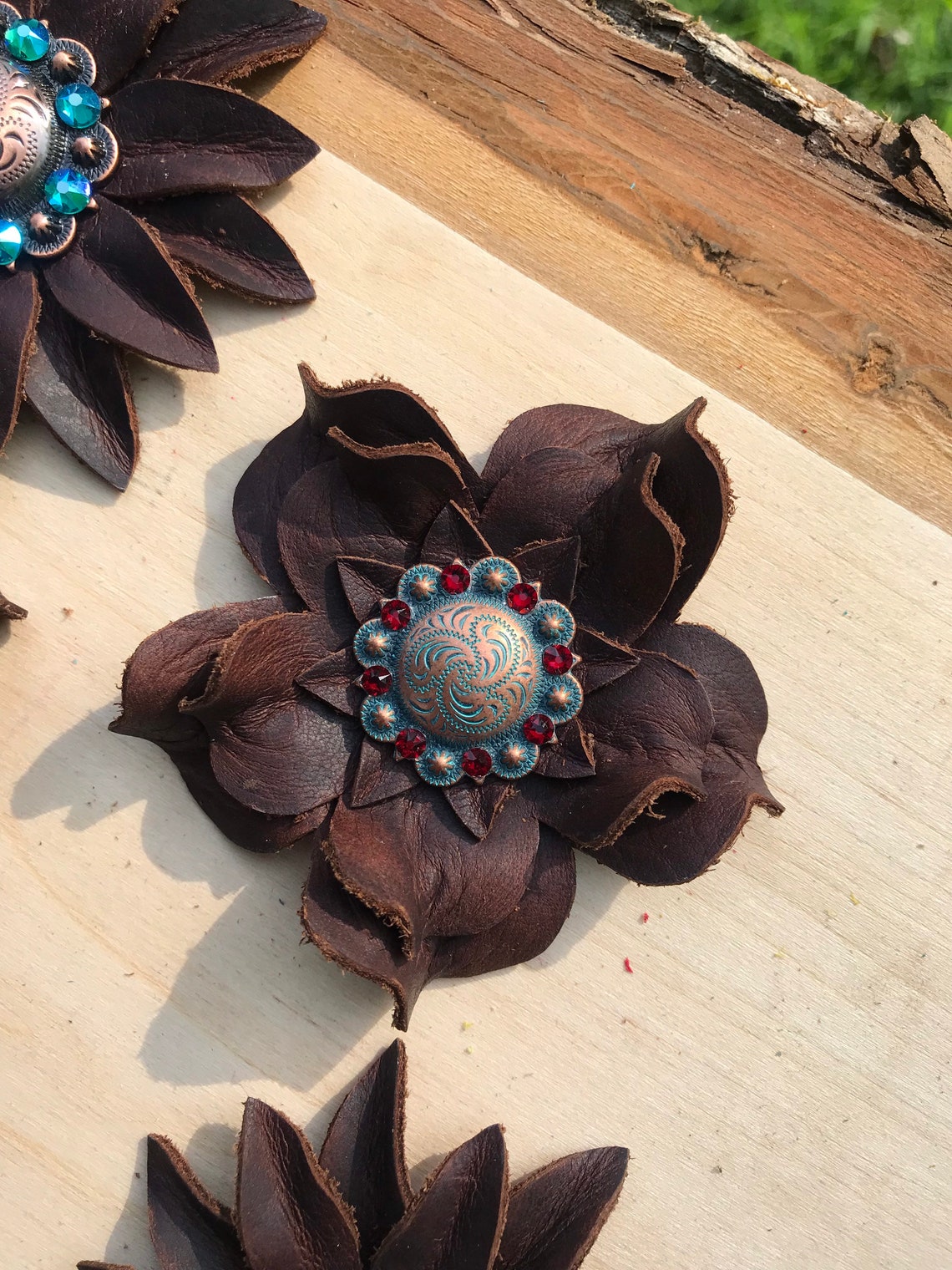 Oiled Leather Flower Concho. Leather Flower Concho for Saddle - Etsy