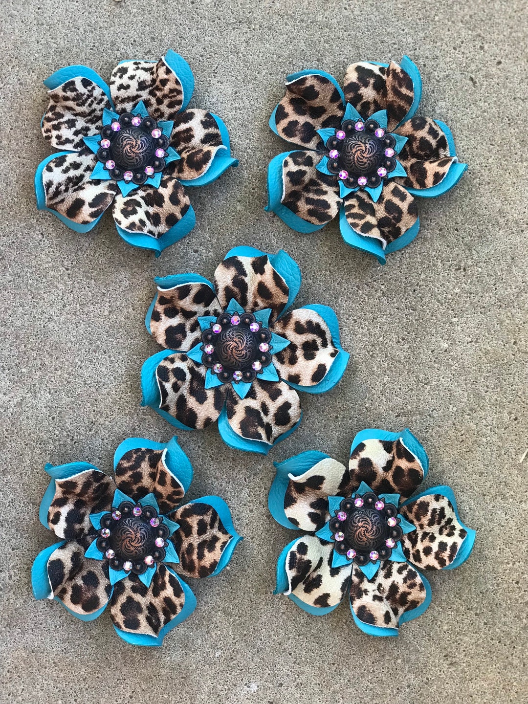Turquoise Cheetah Leather Flower Concho. - Etsy