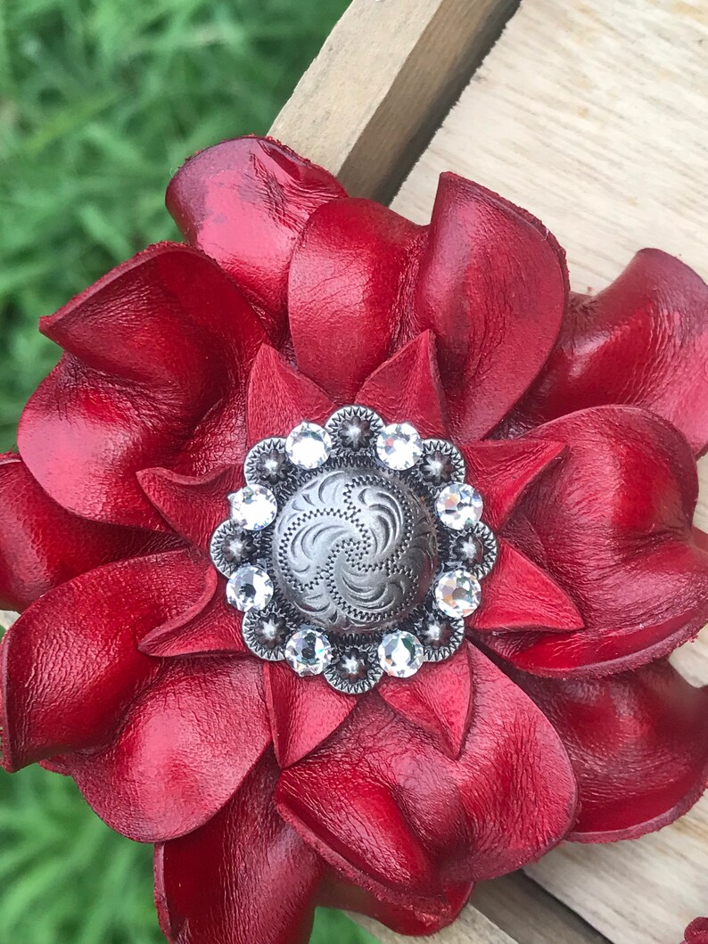 Red Leather Flower Concho, Swarovski Crystal Saddle Tack - Etsy