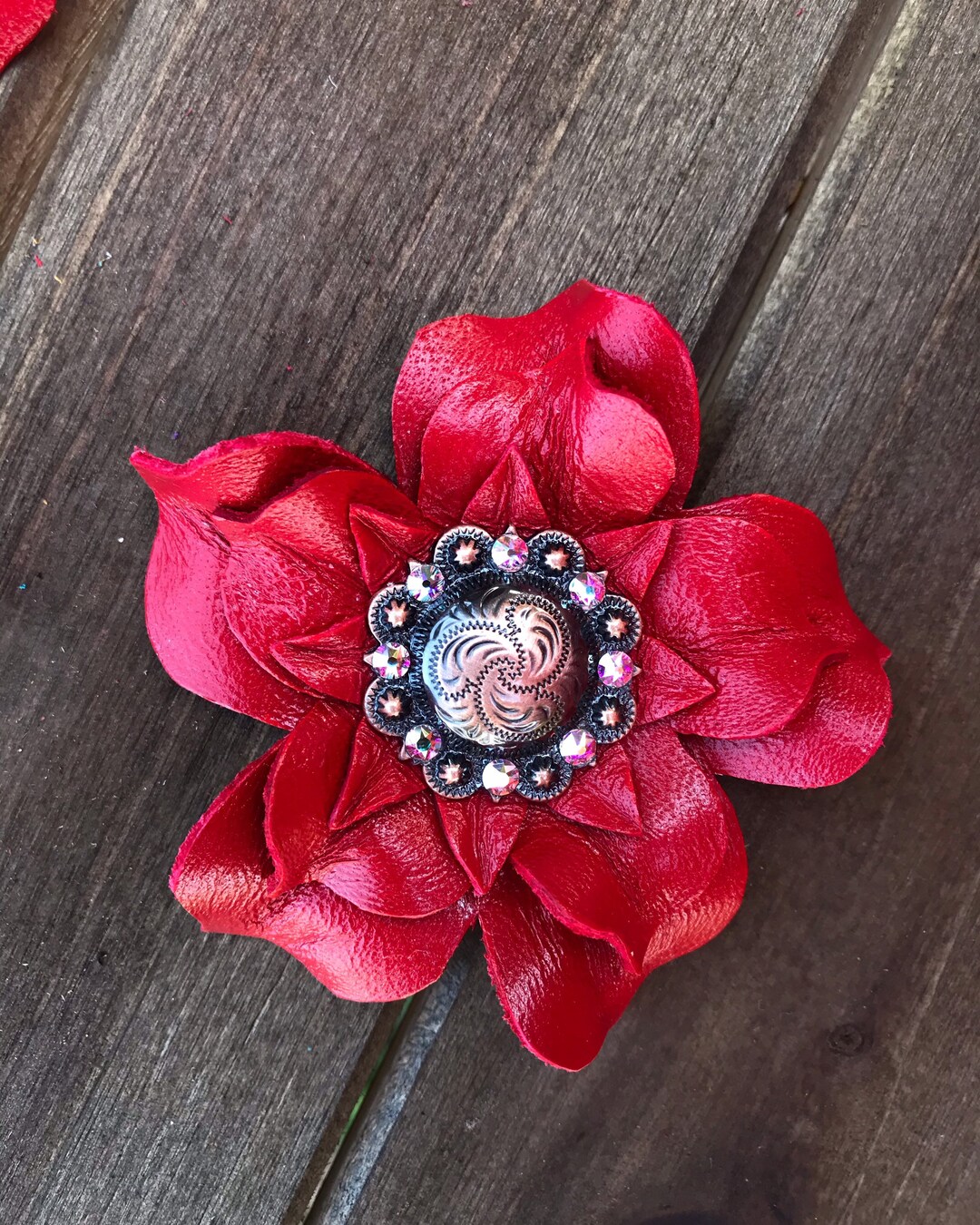 Red Leather Flower Concho With Swarovski Crystals. Leather Rose Concho ...