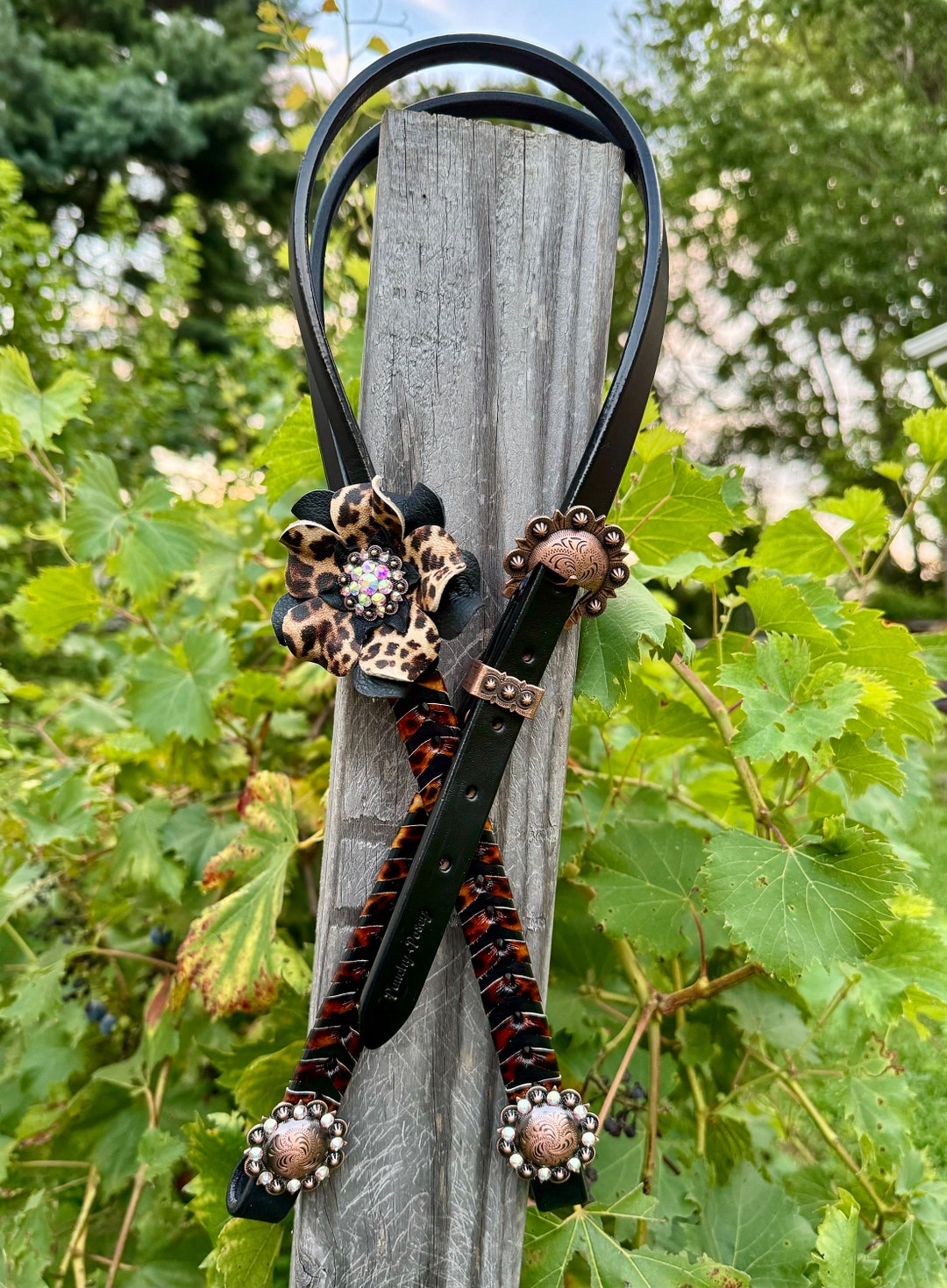 Black Leather Headstall With Leopard Lace. Cheetah Headstall. - Etsy