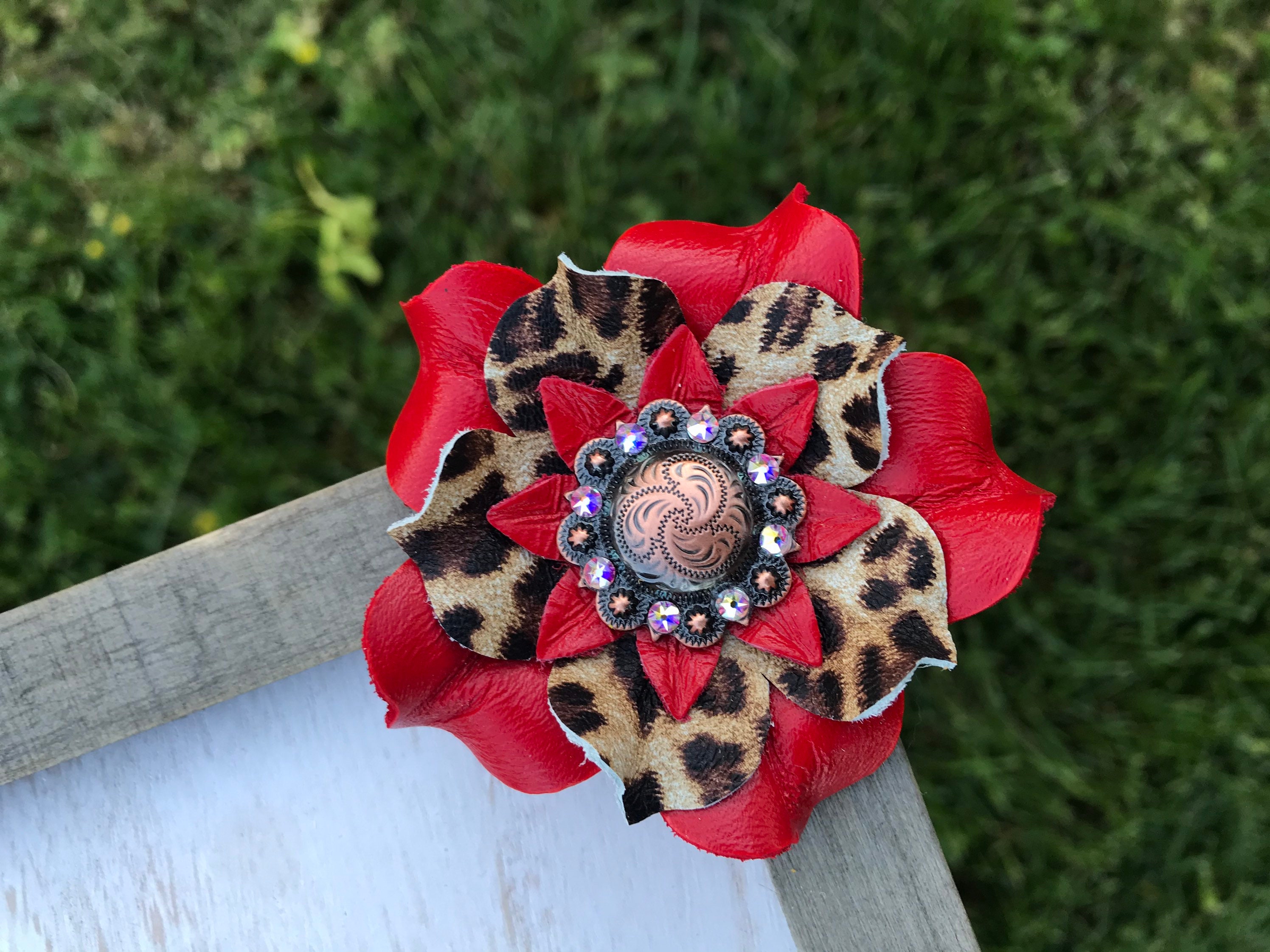 Red Cheetah Leather Flower Concho Cheetah Tack Leopard Tack Headstall ...