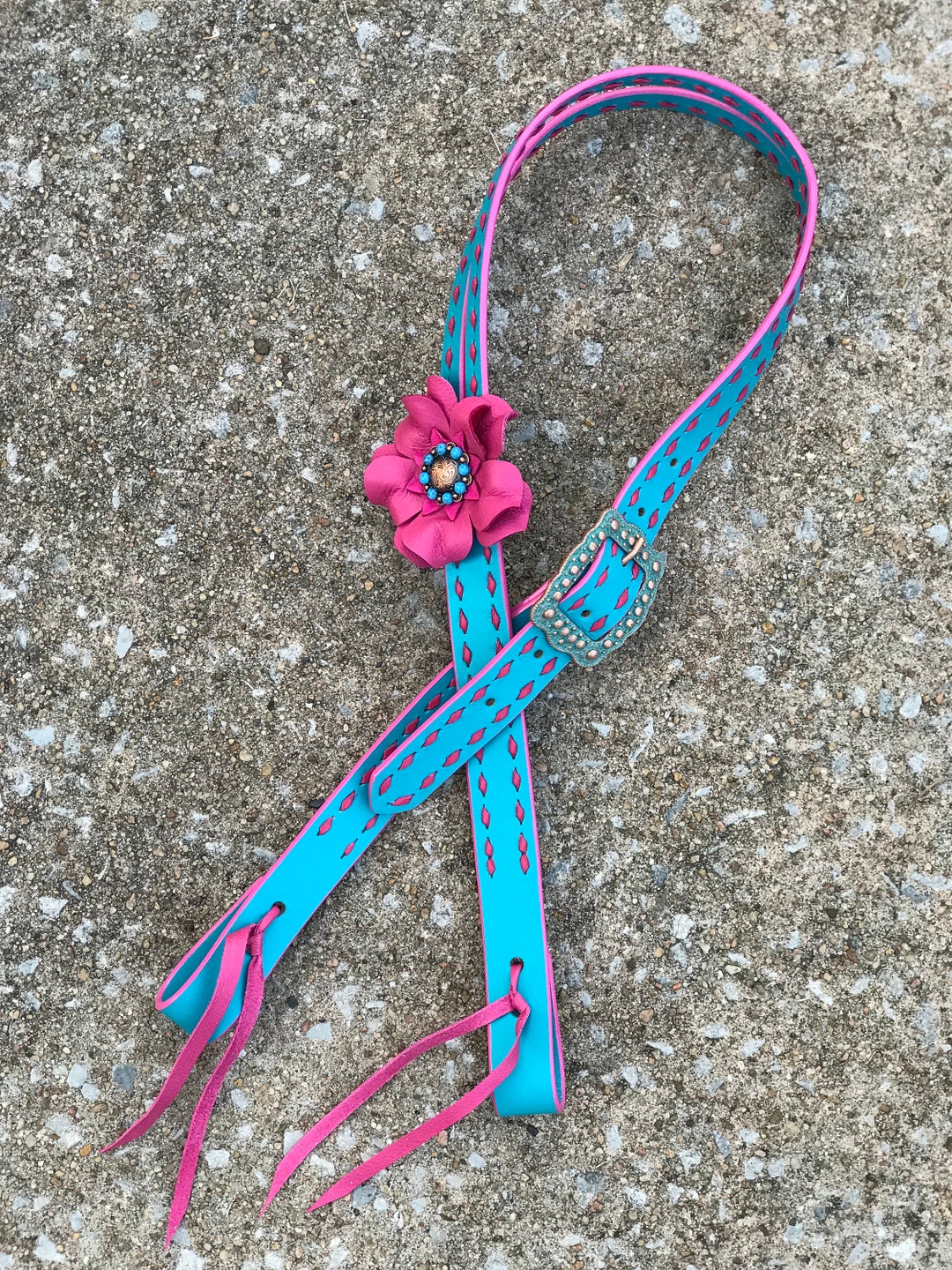 Turquoise Leather Headstall With Hot Pink Buckstitch - Etsy