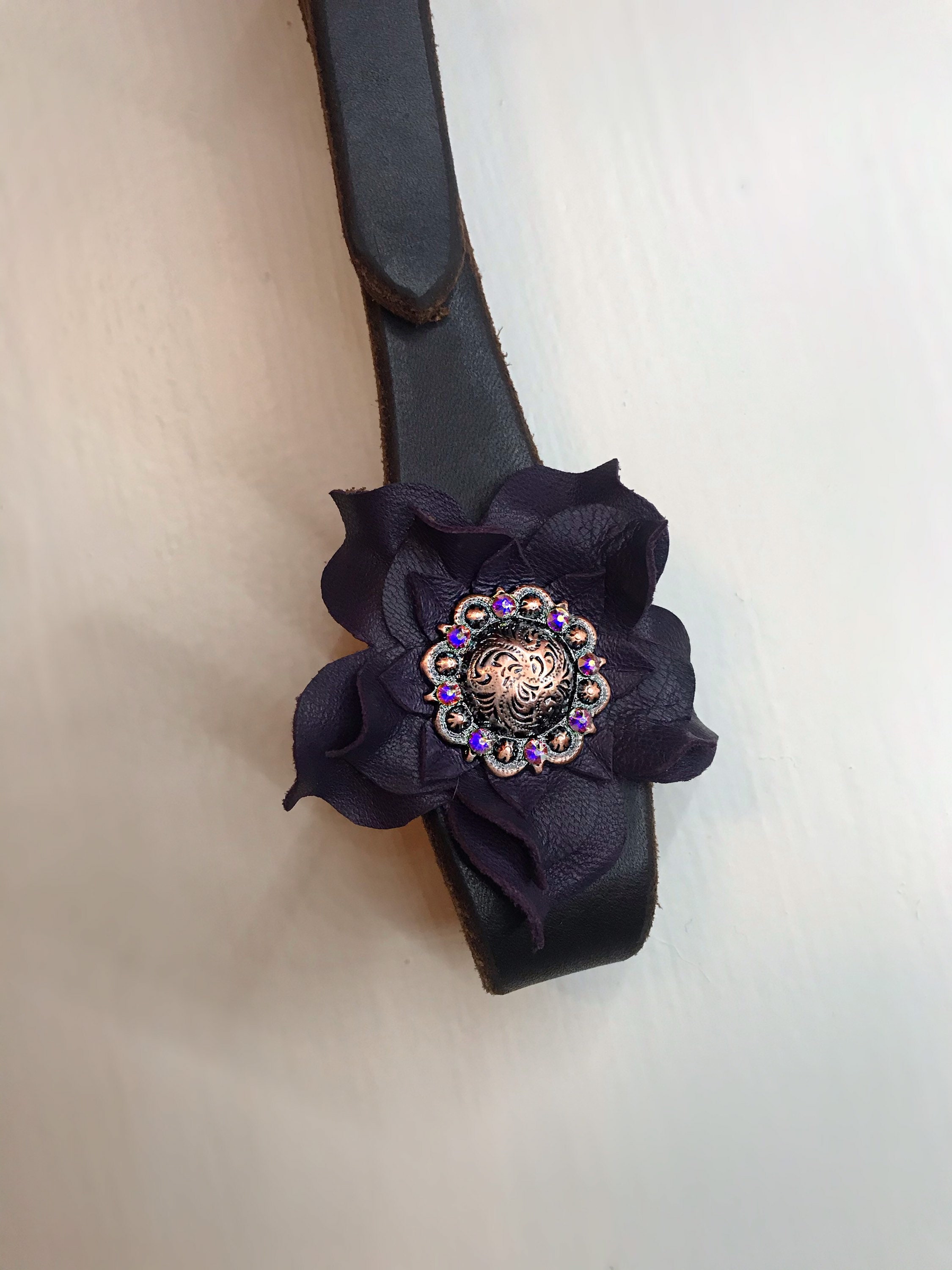 Plum leather flower concho. Dark purple concho Wine tack | Etsy