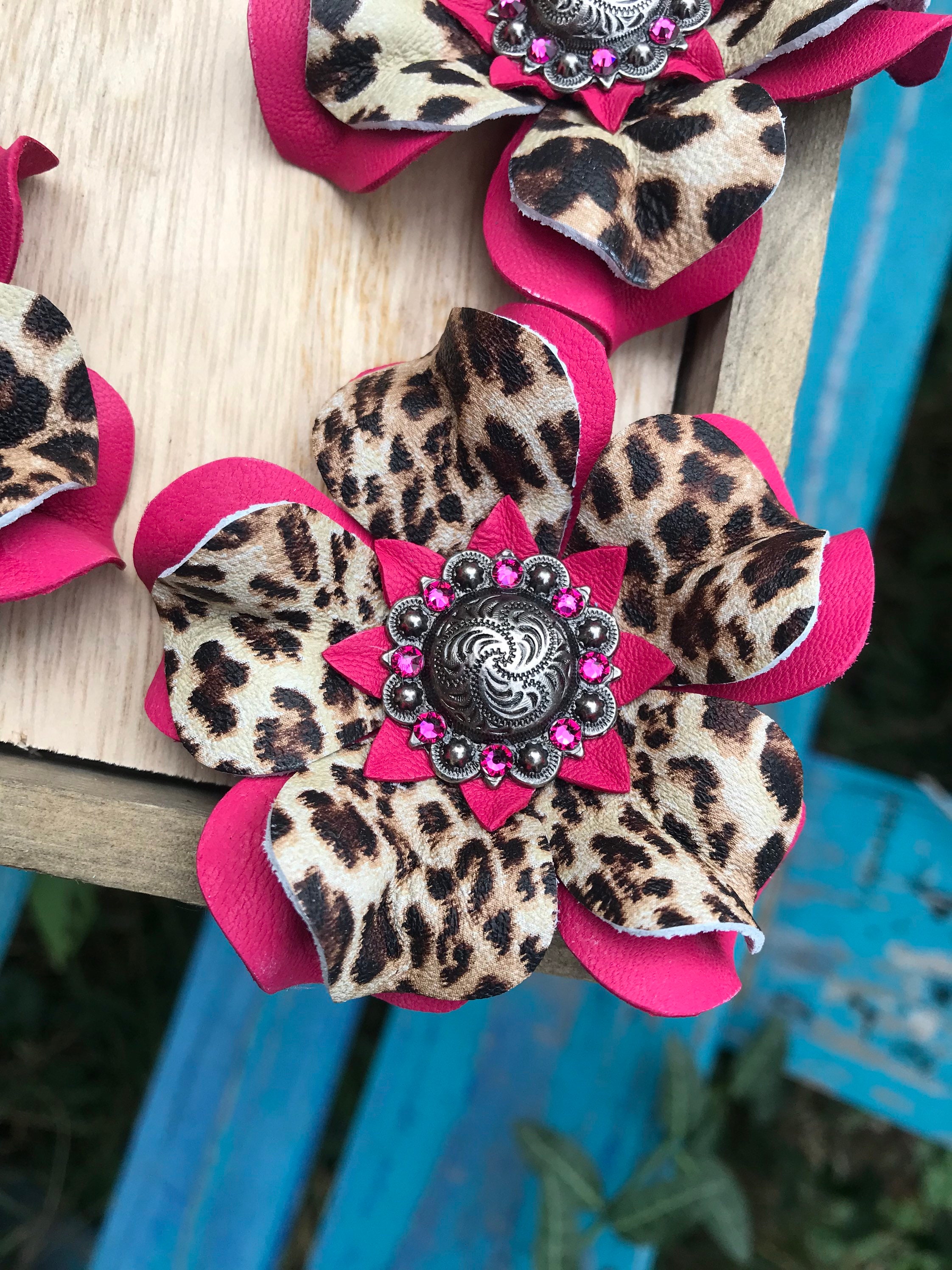 Pink and Cheetah Leather Flower Concho - Etsy