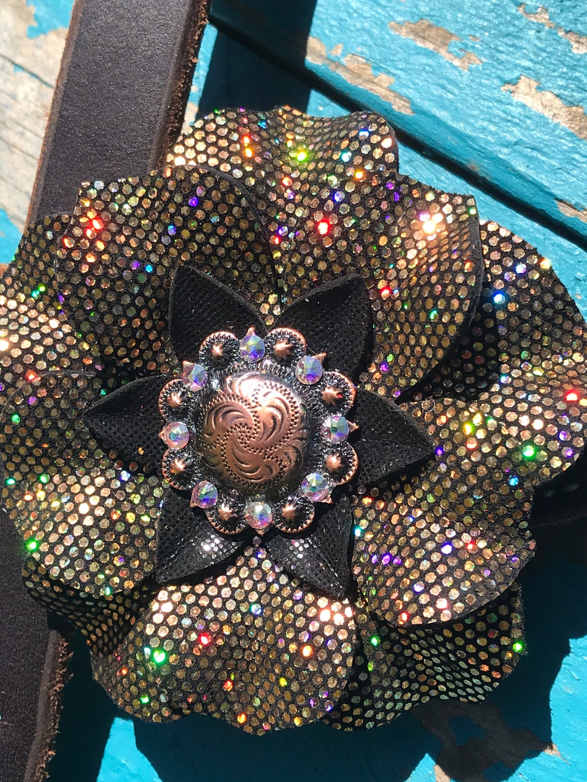 Gold Iridescent leather flower concho | Etsy
