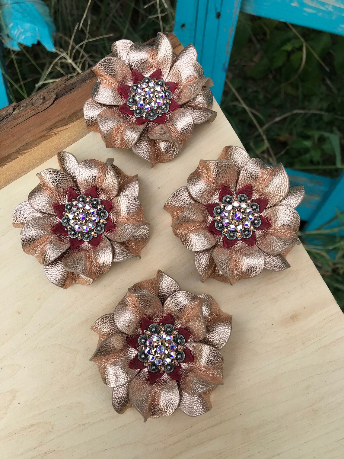 Set of 4 Rose Gold Leather Flower Conchos for Saddle. Rose Gold Saddle ...