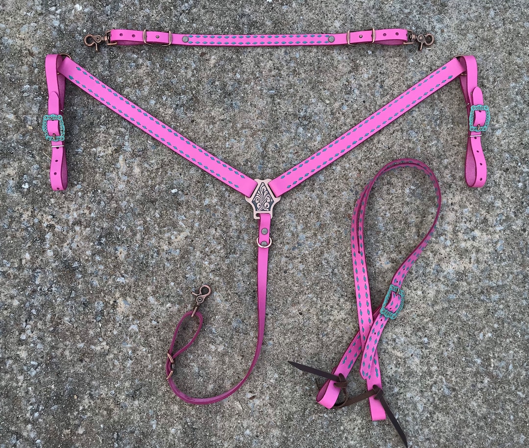 Hot Pink Leather Tack Set. Bubble Gum Pink Tack. Pink Leather Breast ...
